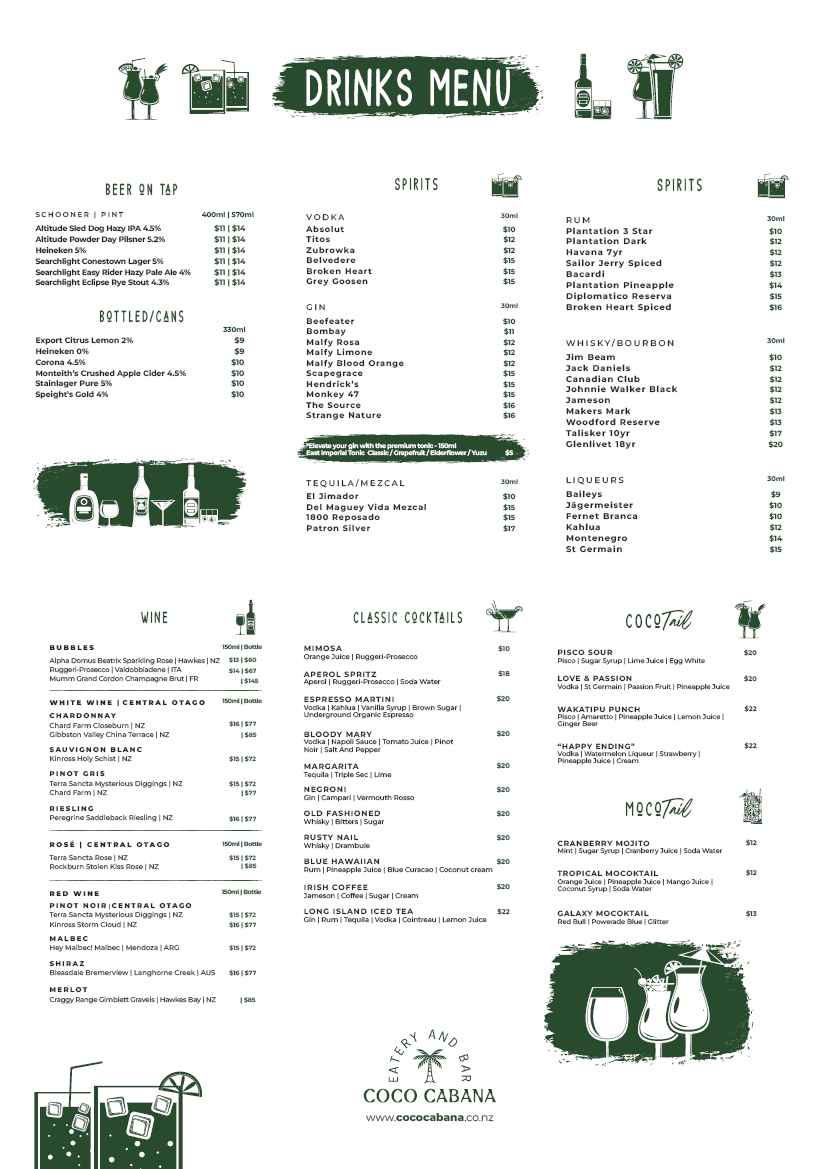 MENU – Cococabana Queenstown